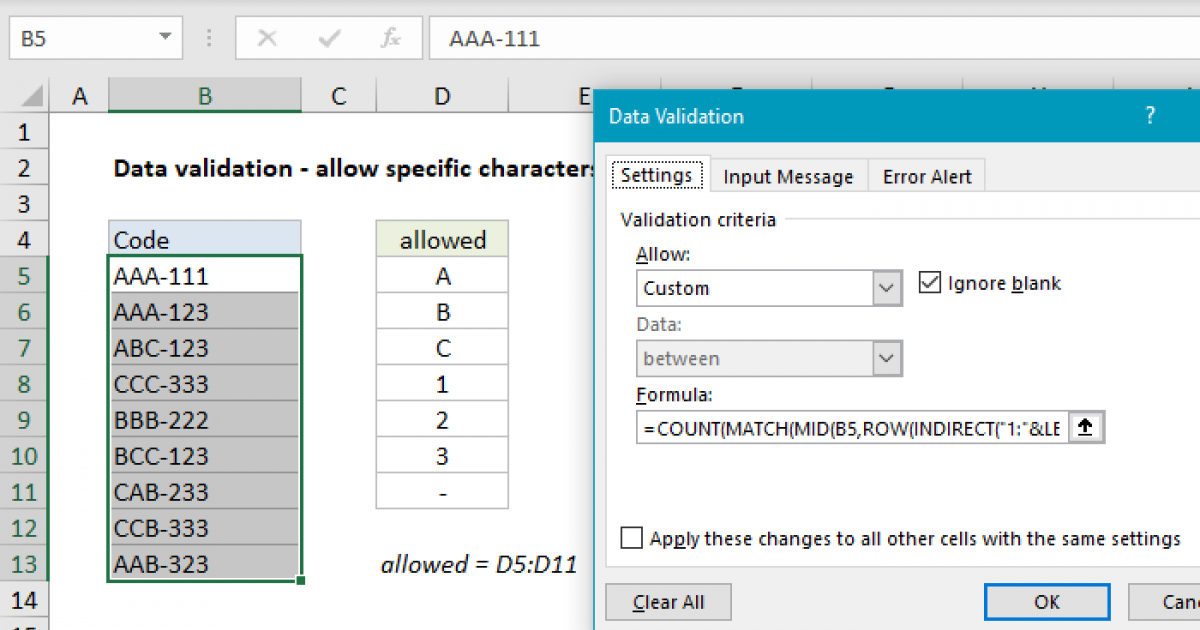 Data Validation Specific Characters Only Excel Formula Exceljet